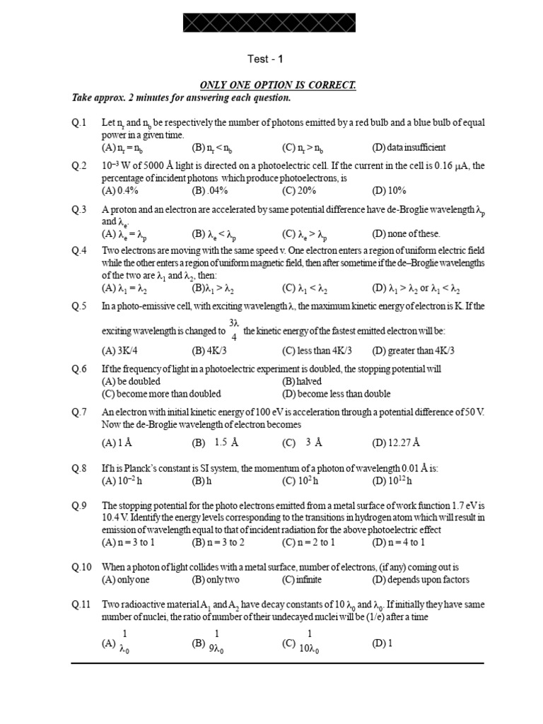 Modern Physics Test - 1 | PDF | Photoelectric Effect | Electron