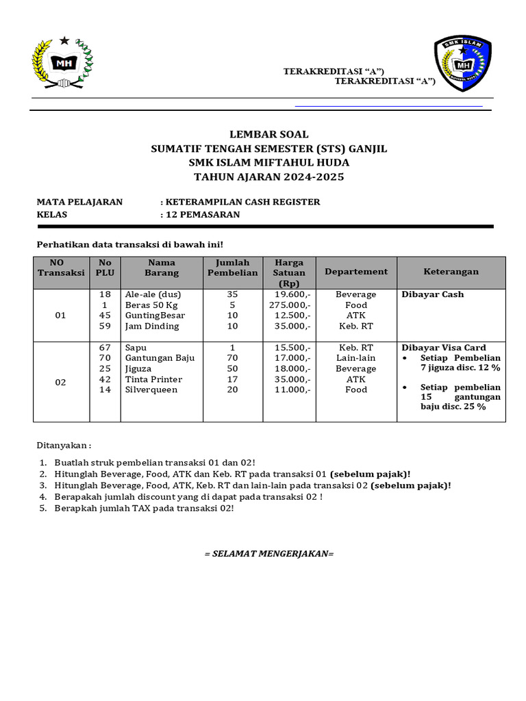 SOAL PTS KETERAMPILAN CASH REGISTER Kelas 12 PM | PDF