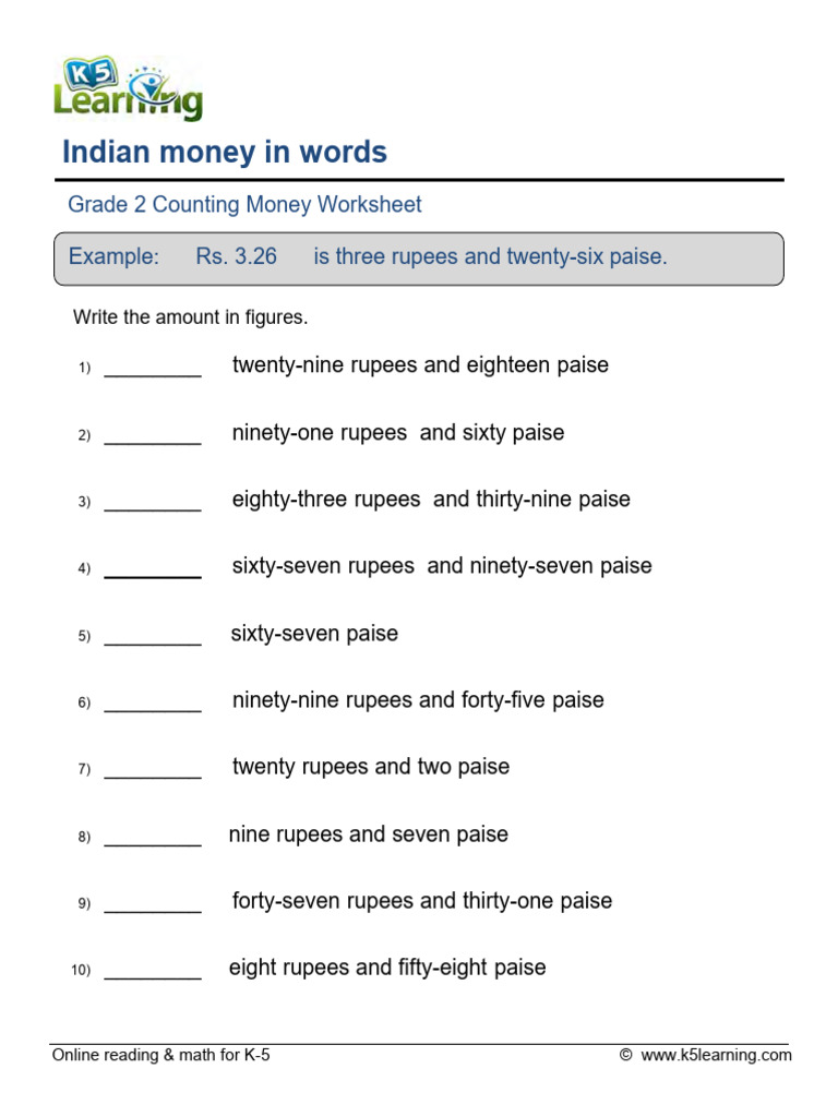 Grade 2 Indian Money in Words D | PDF