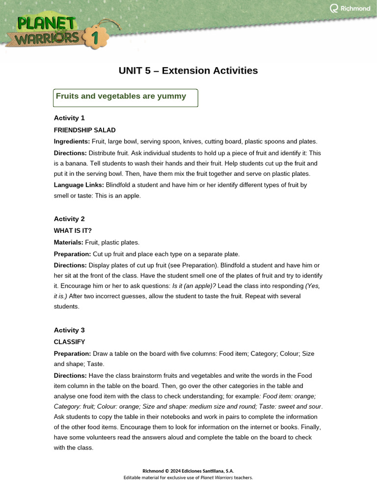 PW1 TRM ExtensionActivities U5 | PDF | Menu | Meal