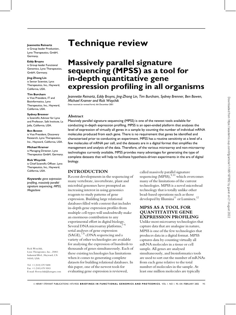 Massively Parallel Signature Sequencing Mpss As A Tool For 4d36n6vgj2 ...