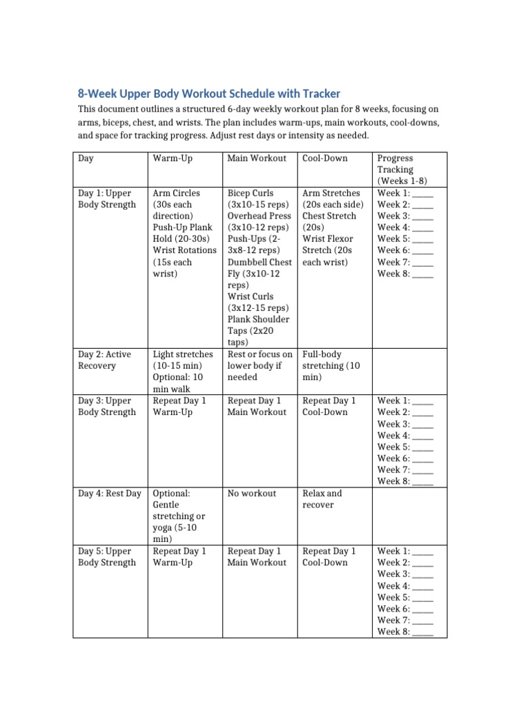 8 Week Upper Body Workout Schedule | PDF | Physical Fitness | Physical ...