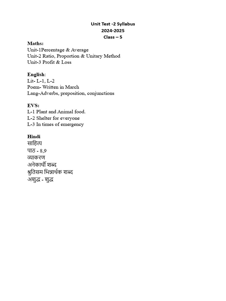 Class 5 Unit Test 2 Syllabus 2024 25 | PDF
