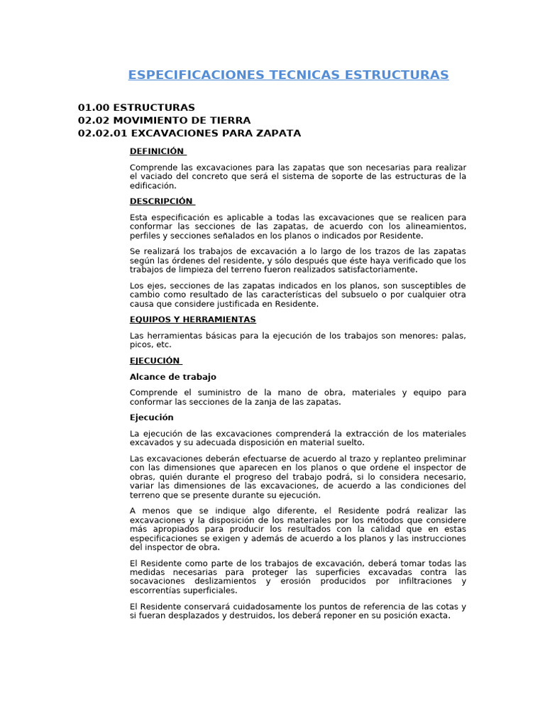 Especificaciones Tecnicas Estructuras: 01.00 Estructuras 02.02 Movimiento de Tierra 02.02.01 ...