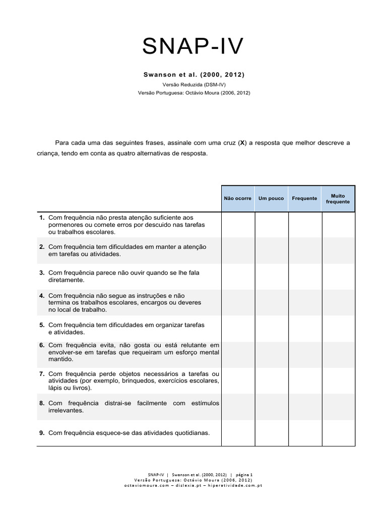 SNAP-IV - Versão Portuguesa | PDF | Transtorno de déficit de atenção e ...