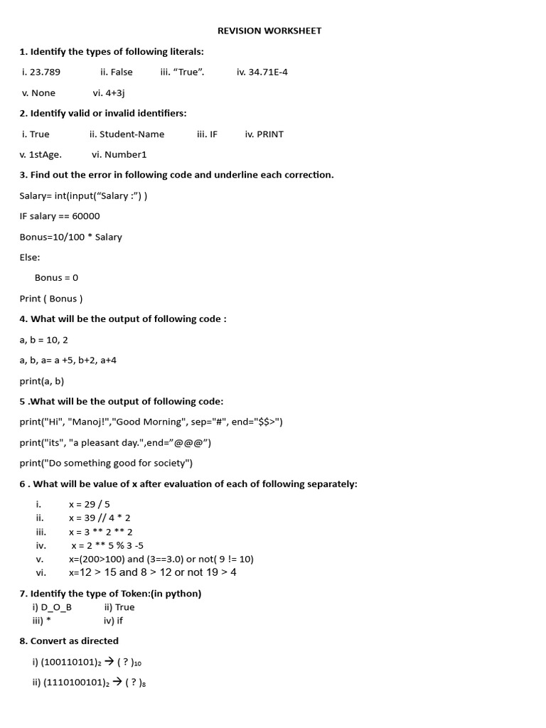 Revision Worksheet 1 | PDF | Boolean Algebra | Teaching Mathematics