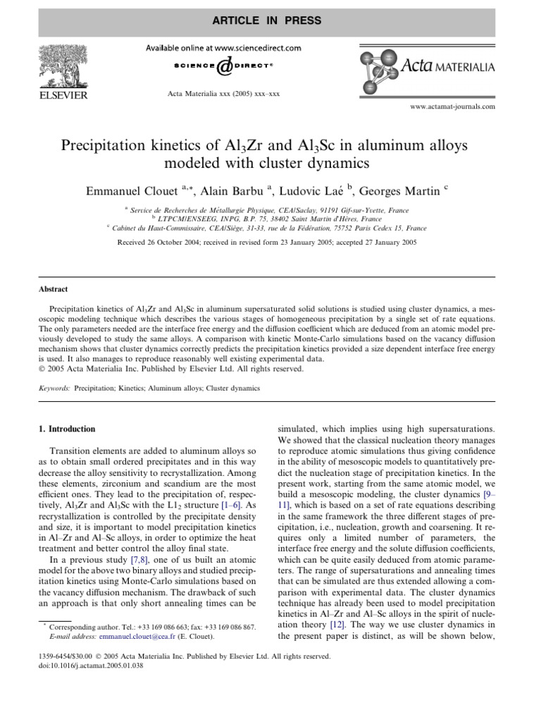 Precipitation kinetics of Al3Zr and Al3Sc in aluminum alloys clouet ...