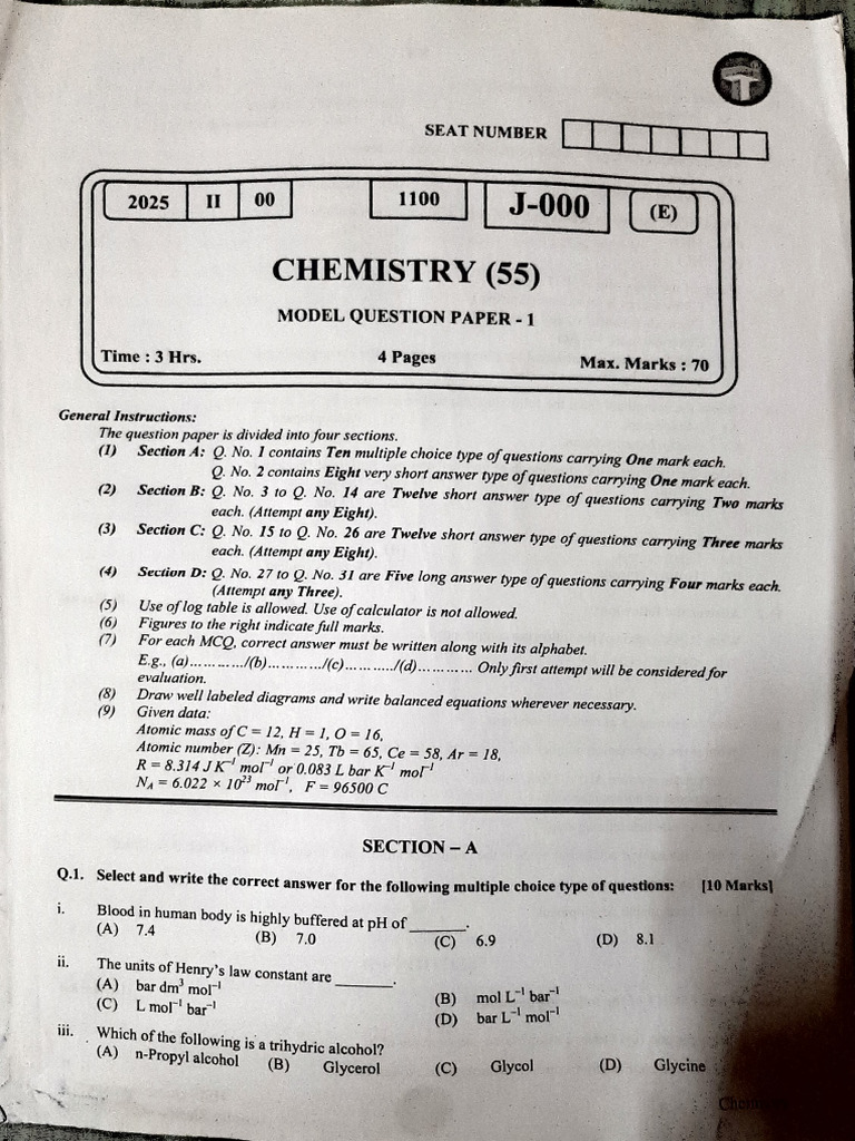 12th Chemistry Sample Papers | PDF | Chemical Reactions | Physical Chemistry