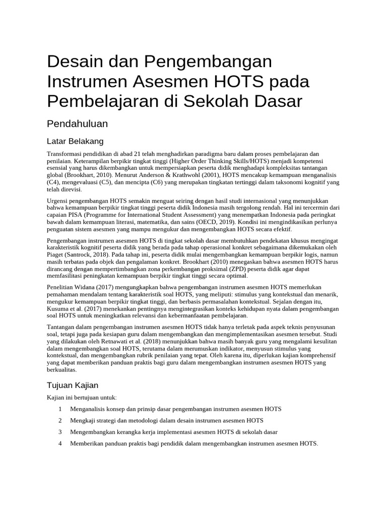 Desain Dan Pengembangan Instrumen Asesmen Hots Pada Pembelajaran Di Sekolah Dasar | PDF