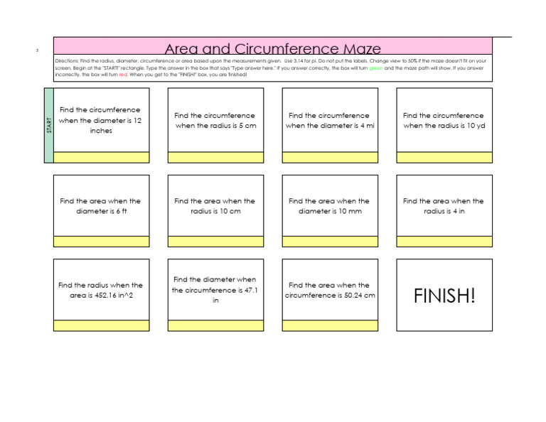 Area and Circumference Maze - Level 1 | PDF