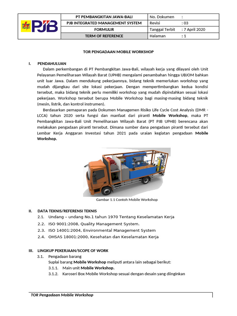 TOR SKI - Pengadaan Mobile Workshop | PDF