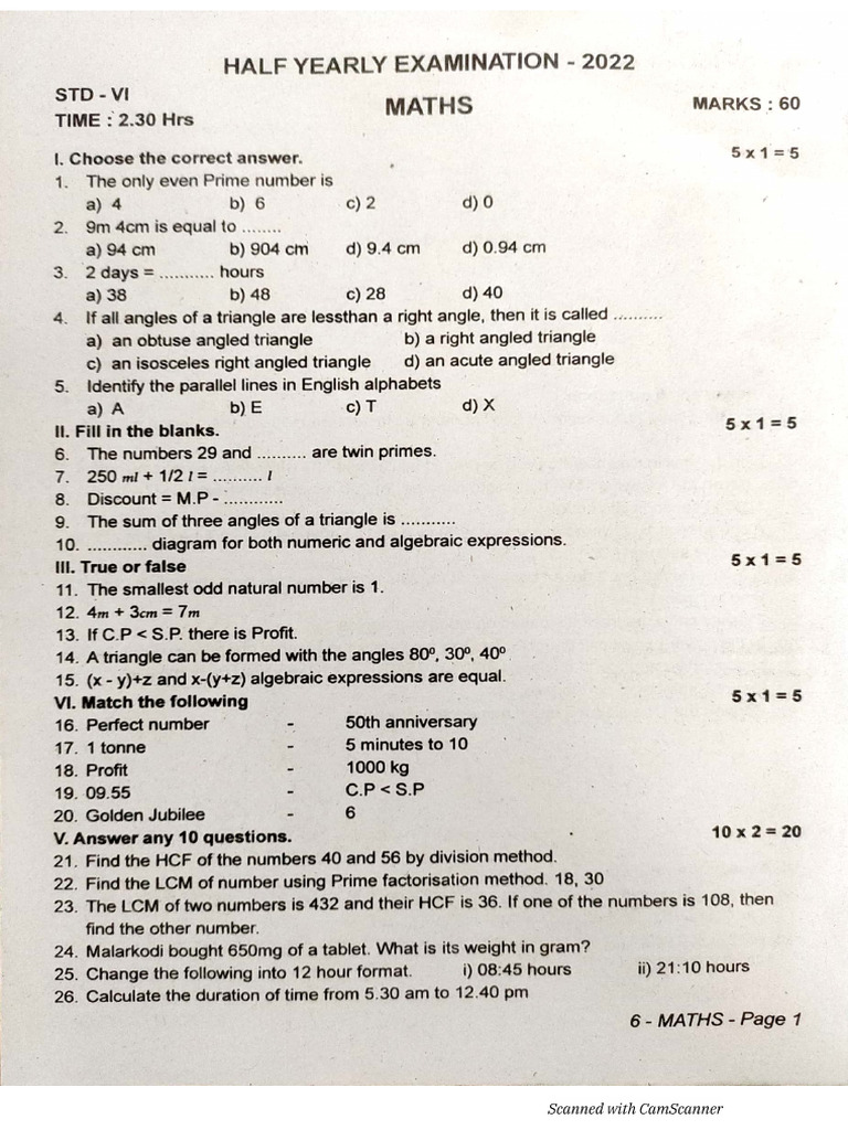 6th Maths EM Half Yearly Exam 2022 Original Question Paper Tirupattur ...