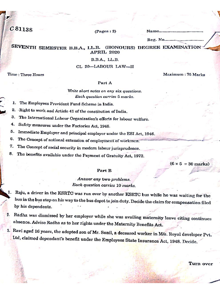 Labour Law 2 Previous Yr QST Paper | PDF