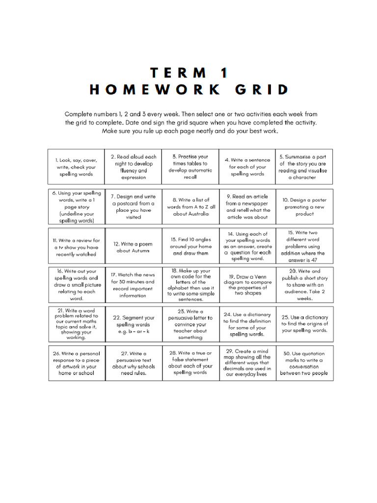 Homework Grid Term 1 | PDF