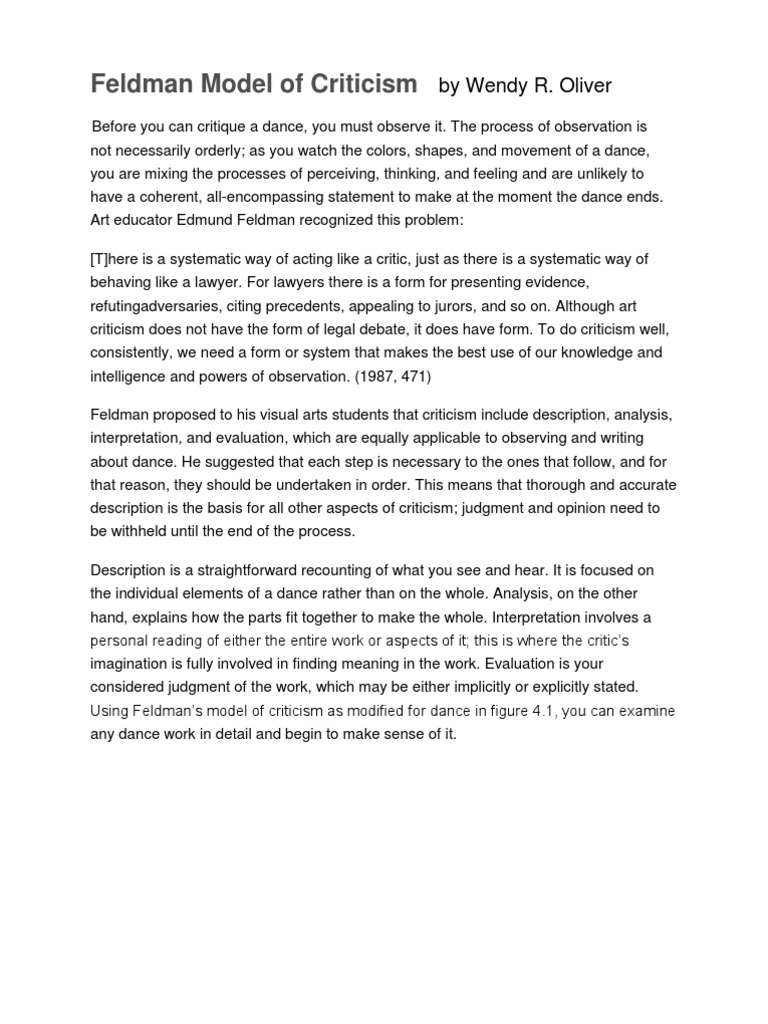 1. Feldman Model of Criticism by Wendy R | Criticism | Dances
