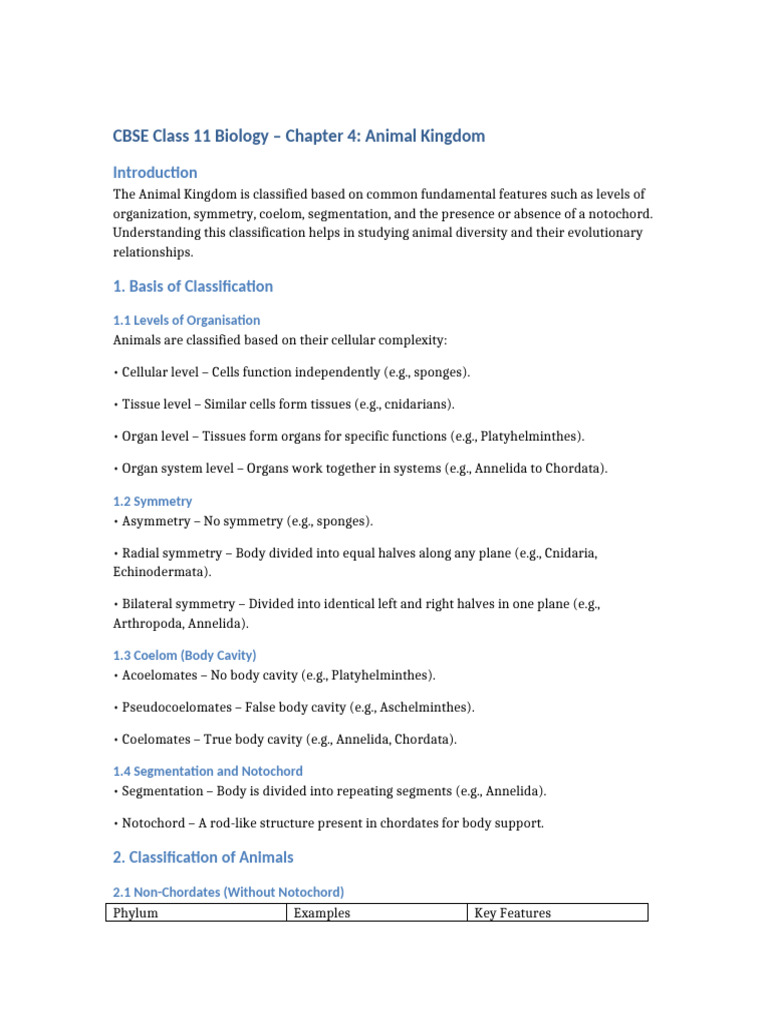 CBSE Class11 Biology Animal Kingdom | PDF | Sponge | Biology