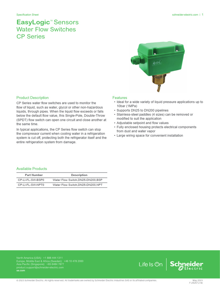 EasyLogic Sensors - Water Flow Switches - CP Series, Specification ...