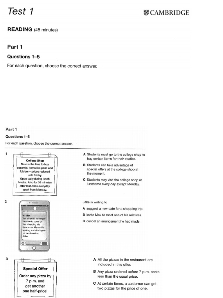 PET, Reading Test | PDF