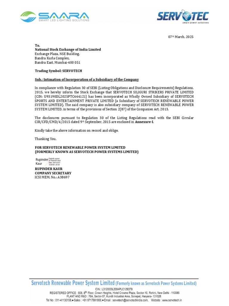 SERVOTECH 07032025181717 Nse | PDF | Mergers And Acquisitions | Business