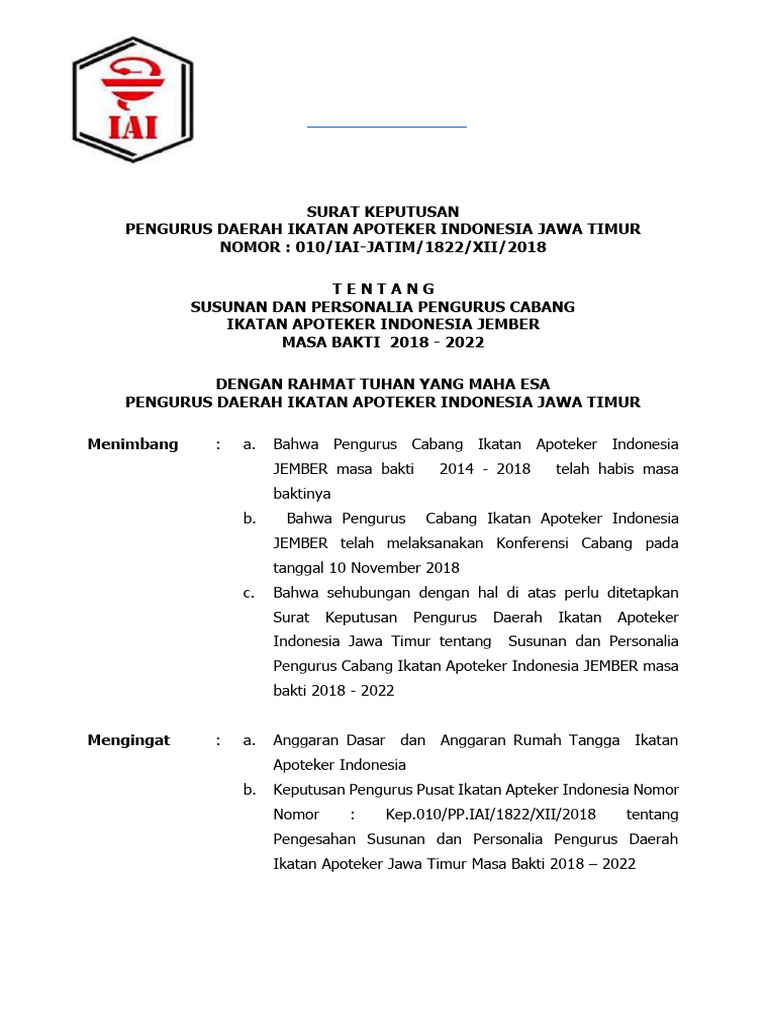 Susunan Pengurus IAI Jember 2018-2022 | PDF
