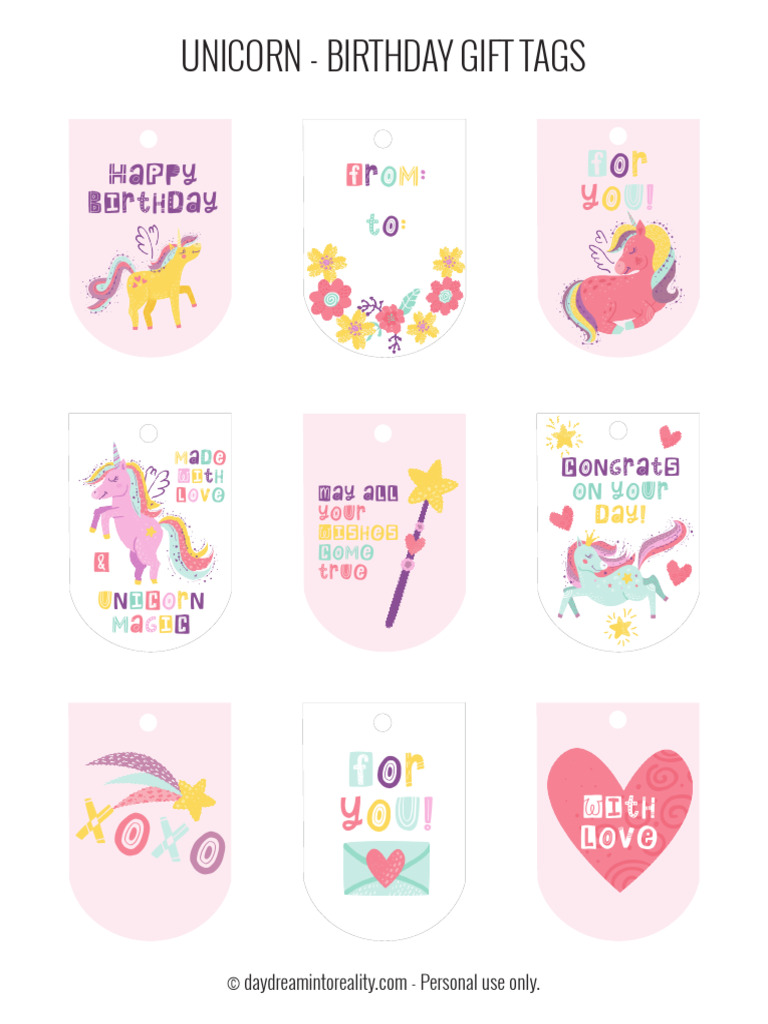 Unicorn Happy Brithday Gift Tags Free Printable | PDF