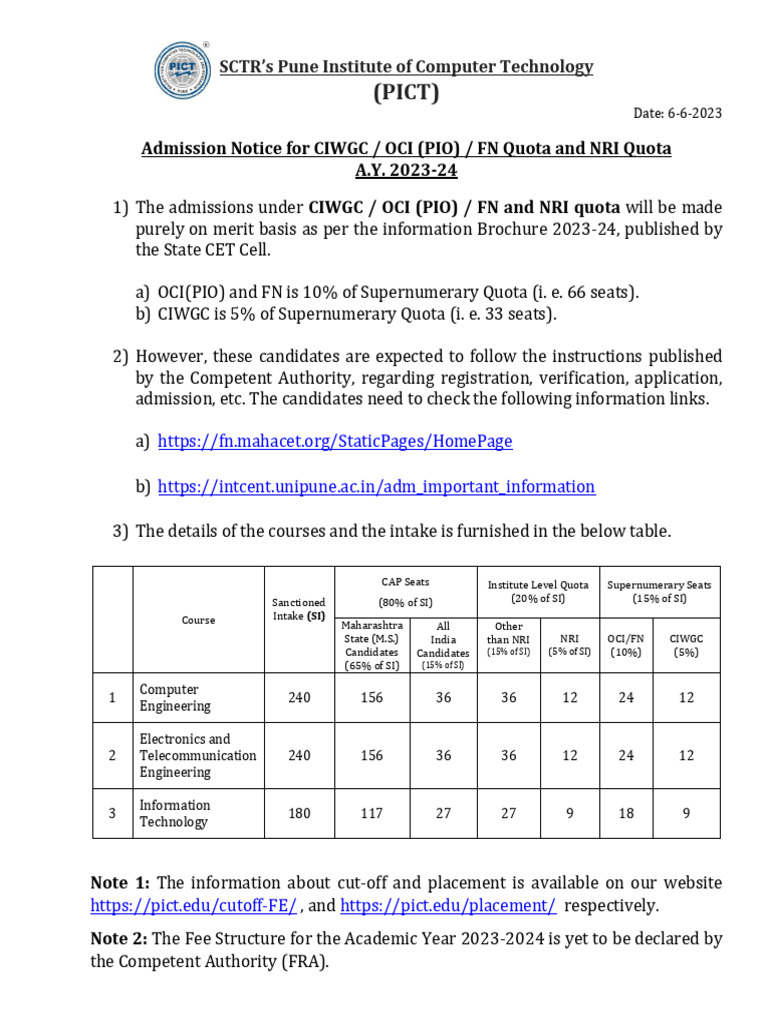 Admission Notice For OCI NRI CIWGC FN Quota A.Y. 2023-24 | PDF