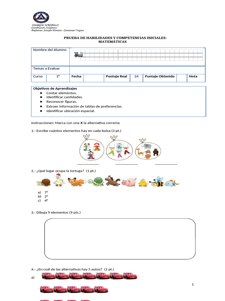 Prueba Diagnostico Matematica 1º | PDF