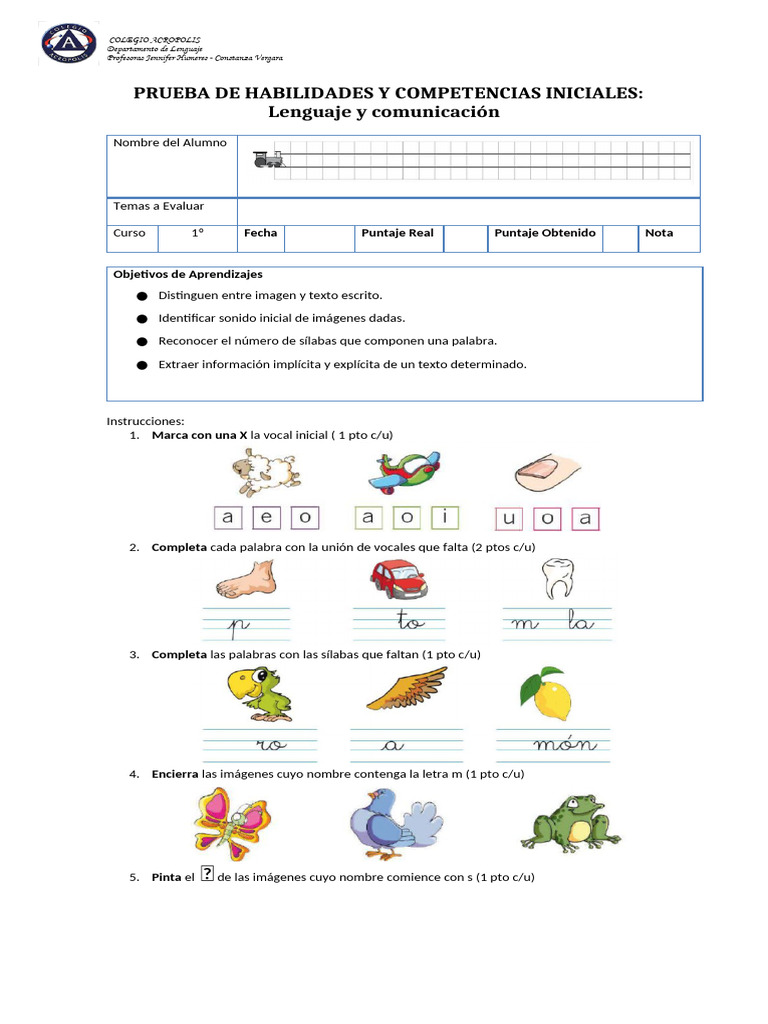 Prueba de Lenguaje Inicial 1º Básico | PDF