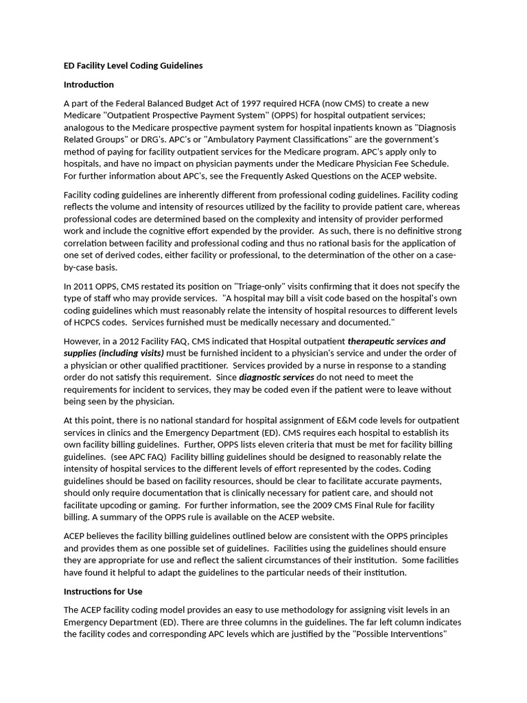 ED Facility Level Coding Guidelines | PDF | Intensive Care Medicine ...