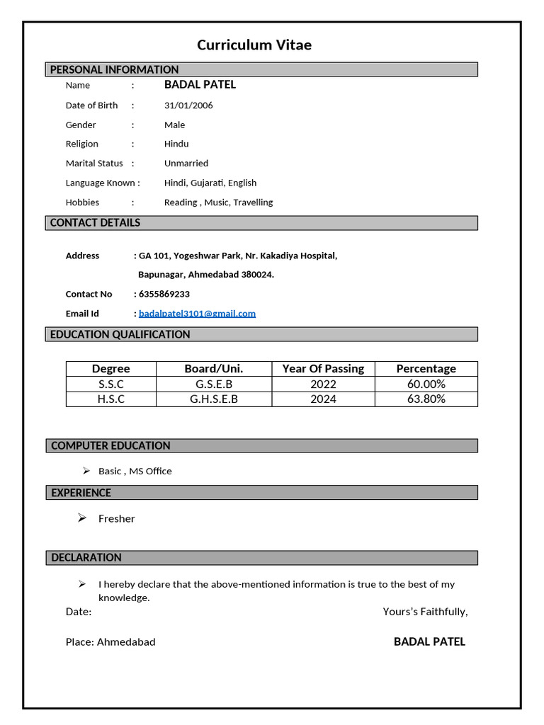 Curriculum Vitae: Badal Patel | PDF