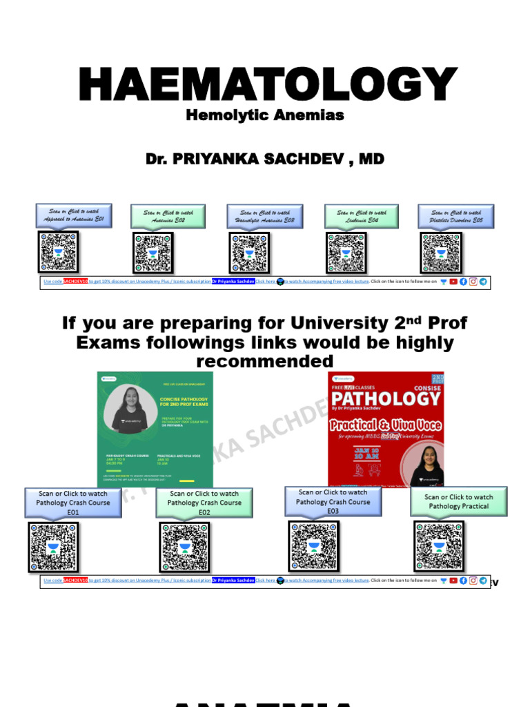 Hemolytic Anemias Overview by Dr. Sachdev | PDF | Anemia | Tissue (Biology)