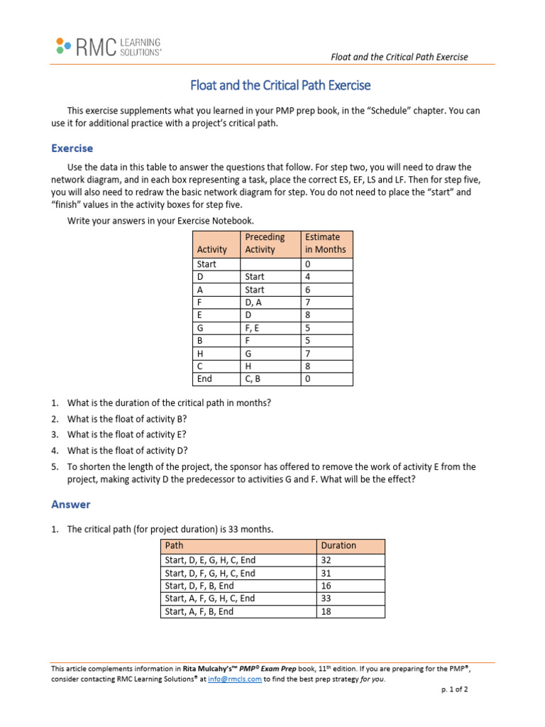 Float and Critical Path - Exercise | PDF | Projects | Operations Research