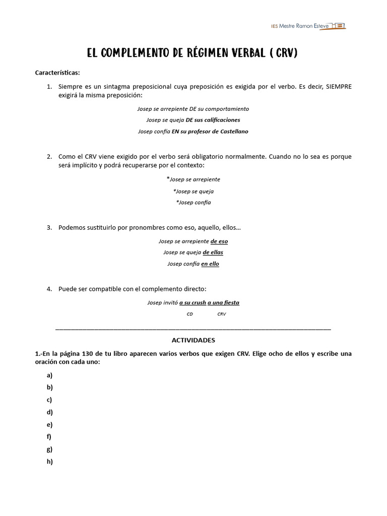 El Complemento de Régimen Verbal | PDF | Predicado (Gramática) | Asunto (gramática)