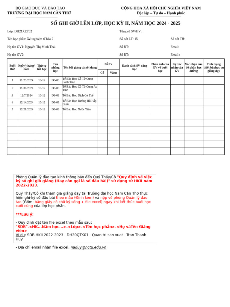 SDB HKII 2024-2025 - DH21XET02 - Ly Thuyet Xet Nghiem Te Bao 2 - Nguyen Thi Minh Thai | PDF