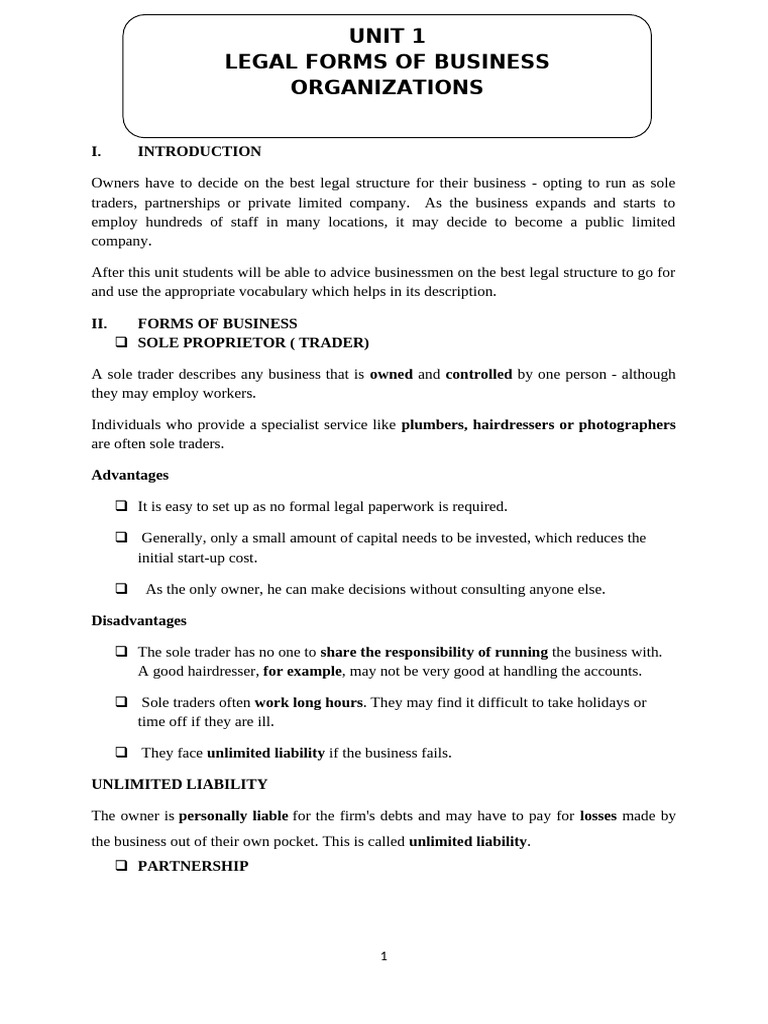 UNT 1 LEGAL FORMS OF BUSINESS (Ok) | PDF | Sole Proprietorship ...