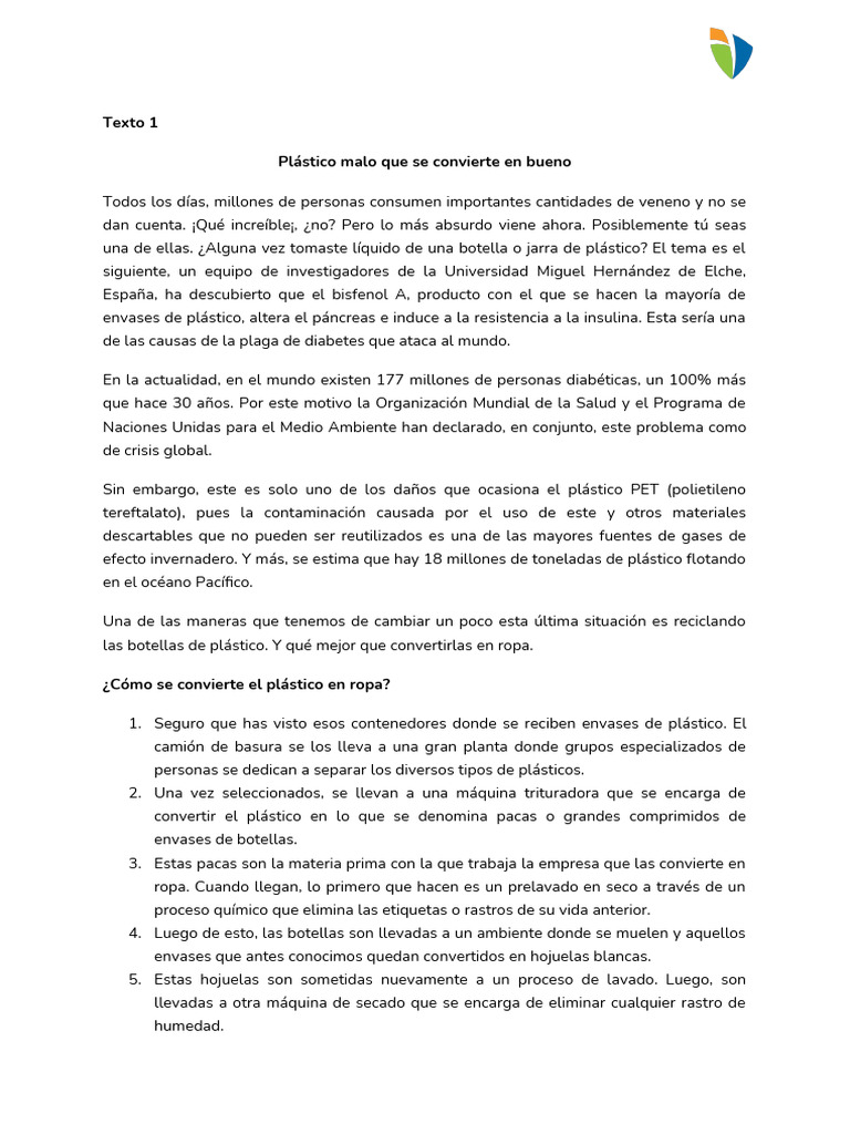 Textos Comprensión Lectora 1° Secundaria | PDF | El plastico | Residuos