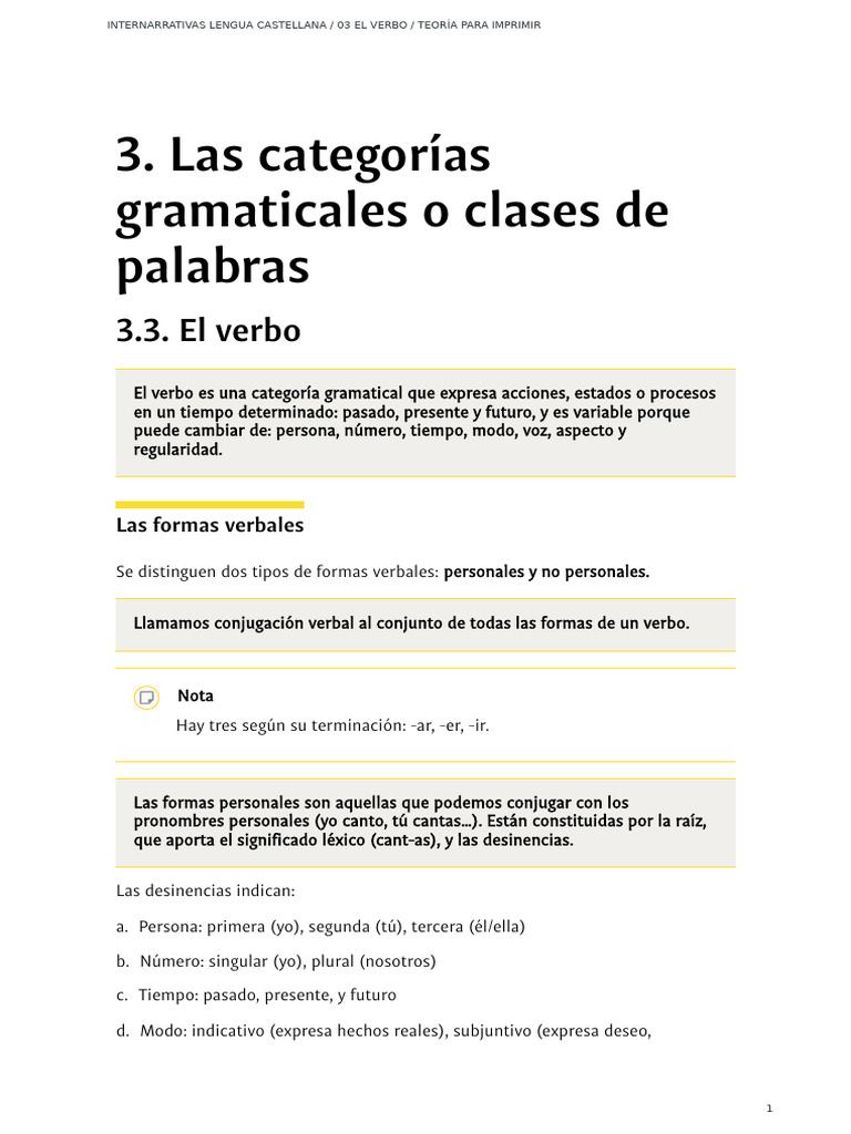 03 El Verbo - Teoría para Imprimir | PDF | Verbo | Palabra