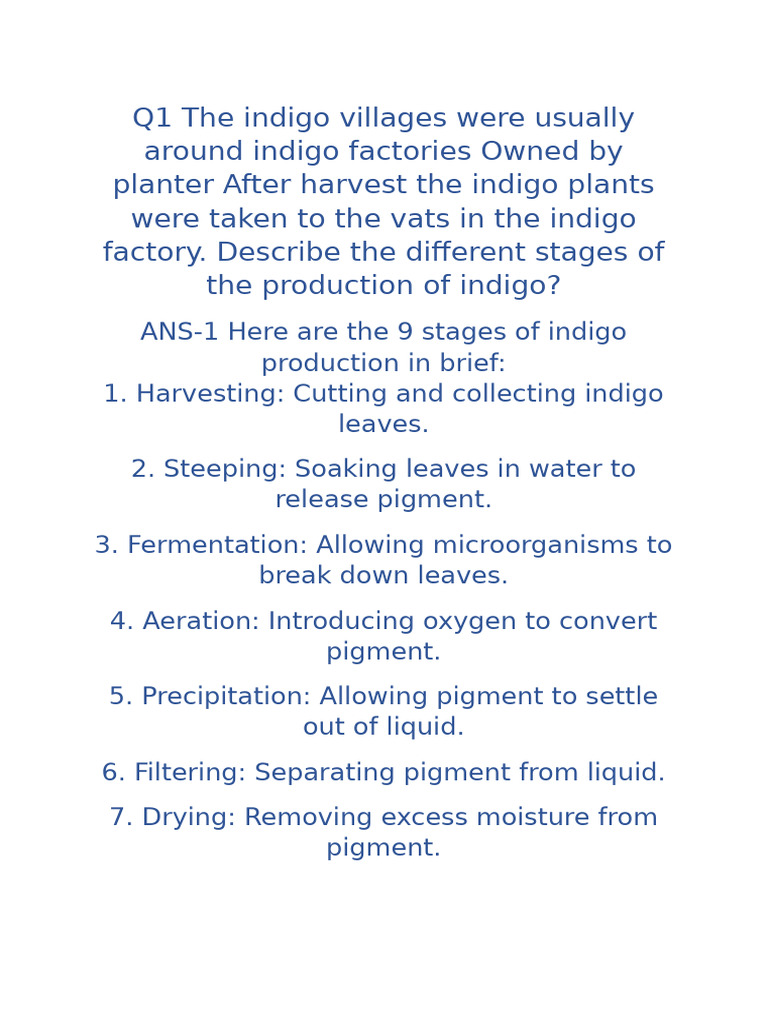 Q1 The Indigo Villages Were Usually Around Indigo Factories Owned by ...