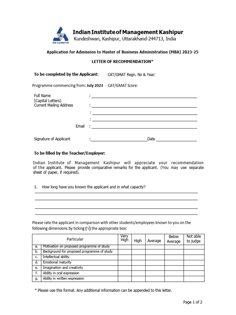 MBA Admission Recommendation Form | PDF | Master Of Business Administration