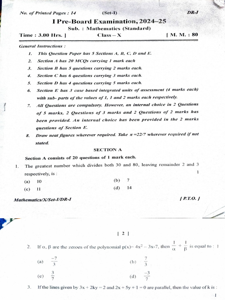 Class X Mathematics Pre-Board Exam 2024-25 | PDF | Circle | Area