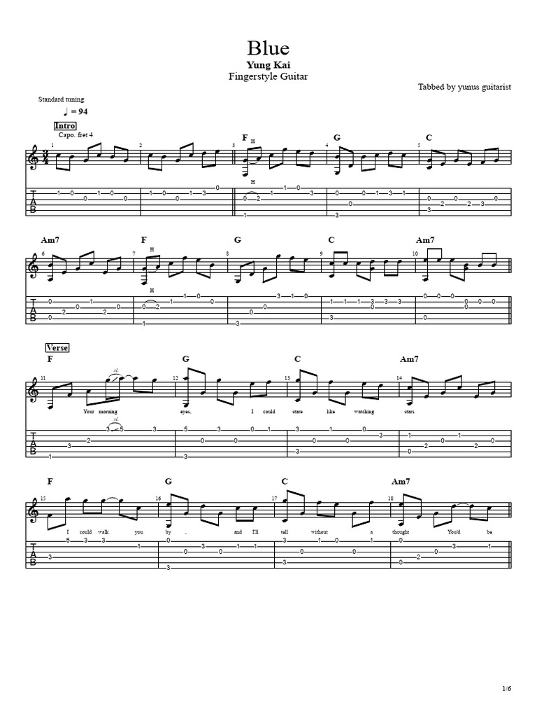 Yung Kai's "Blue" Guitar Tabs | PDF | Necked Lutes | Sound Recording