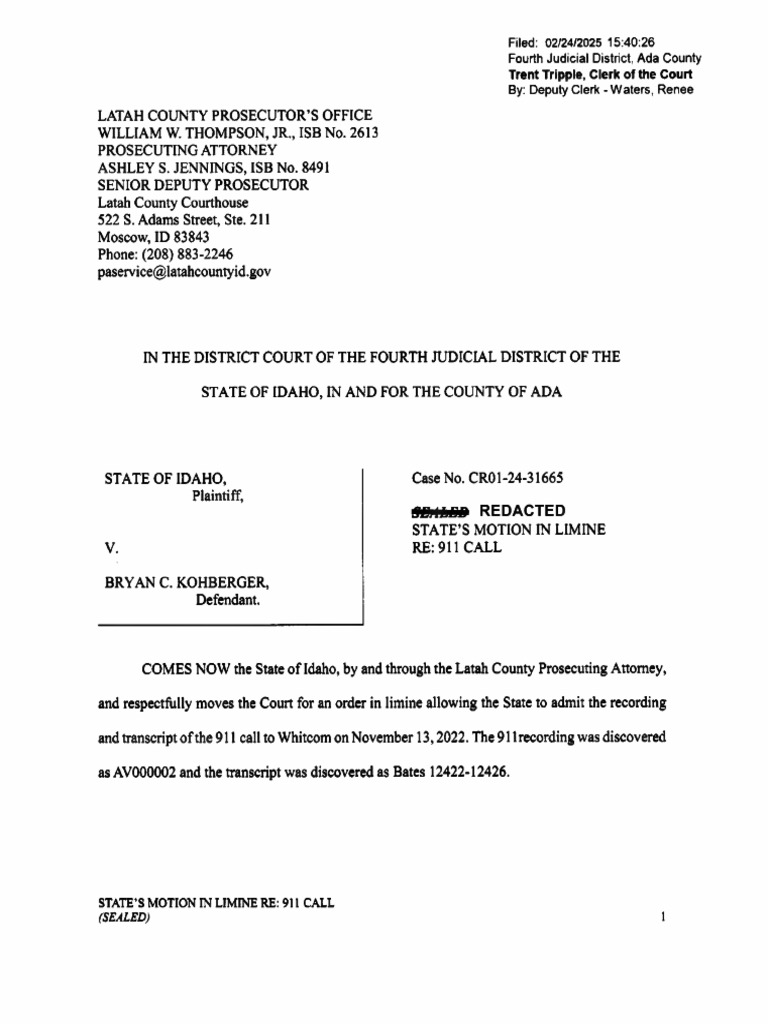 022425 REDACTED Motion InLimine RE 911 Call | PDF | Confrontation ...