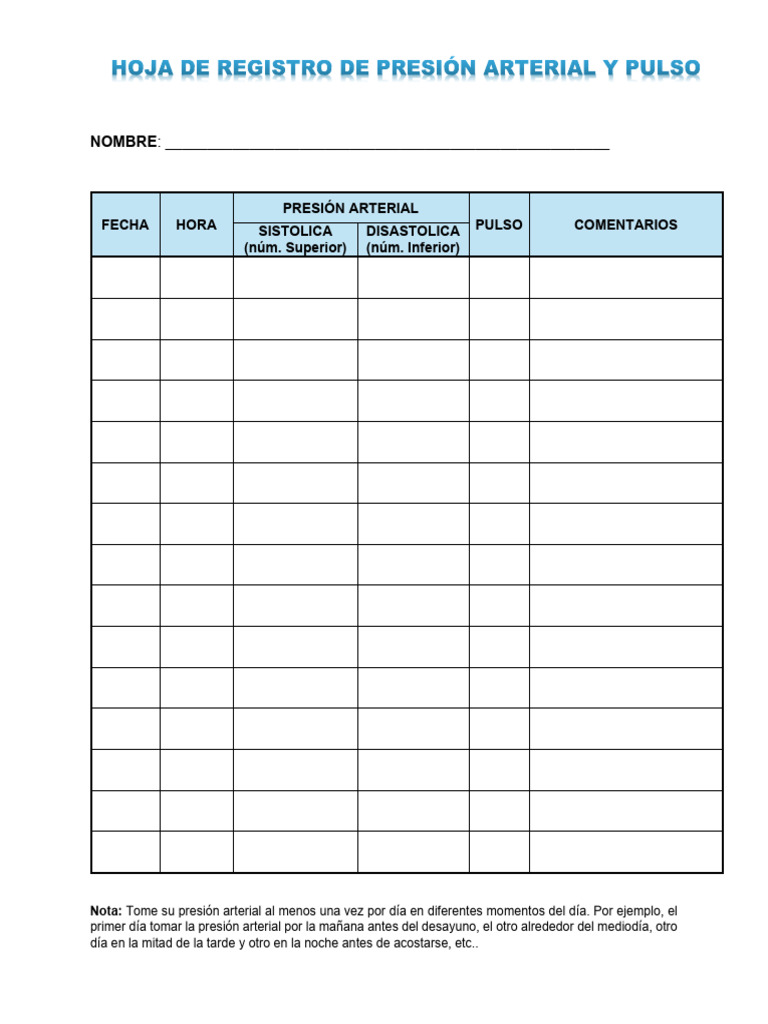 Hoja de Control de Presion Arterial | PDF