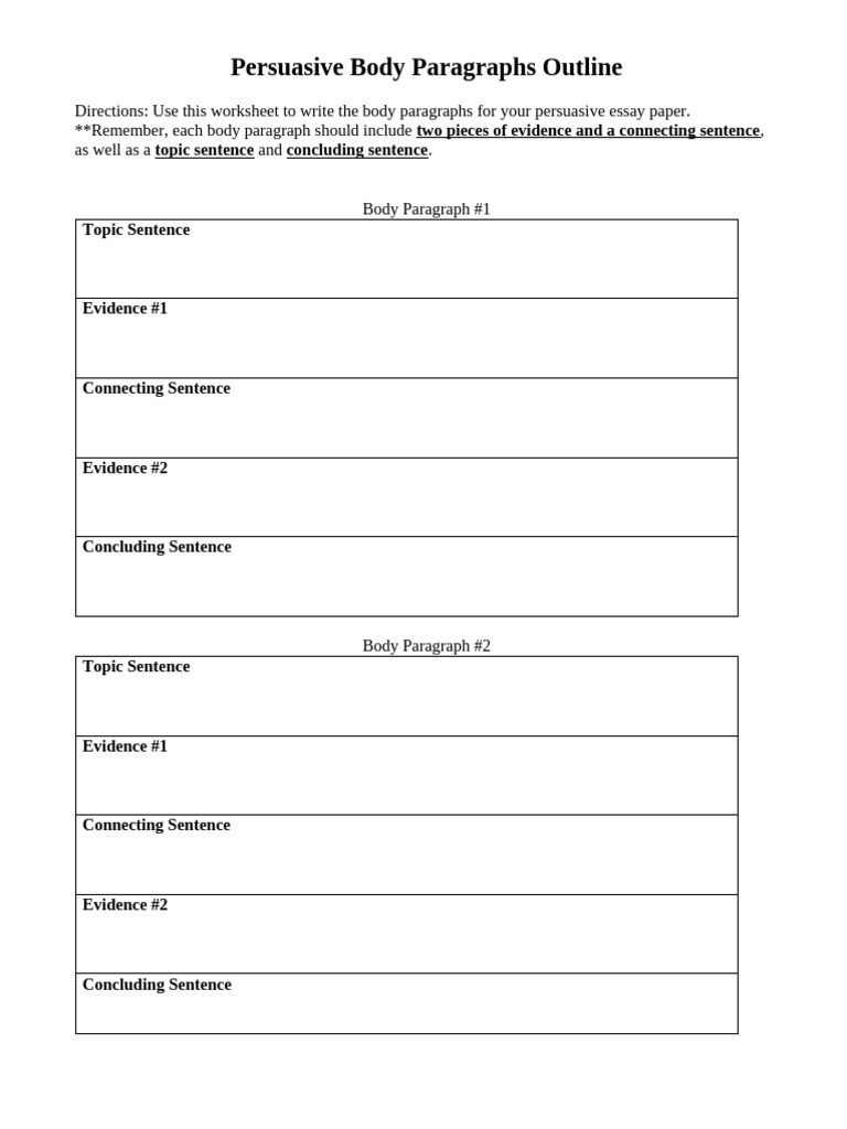 Persuasive Body Paragraphs Outline: Two Pieces of Evidence and A ...