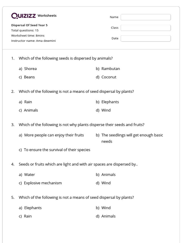 5th Grade Seed Dispersal Worksheet | PDF | Seed | Plants