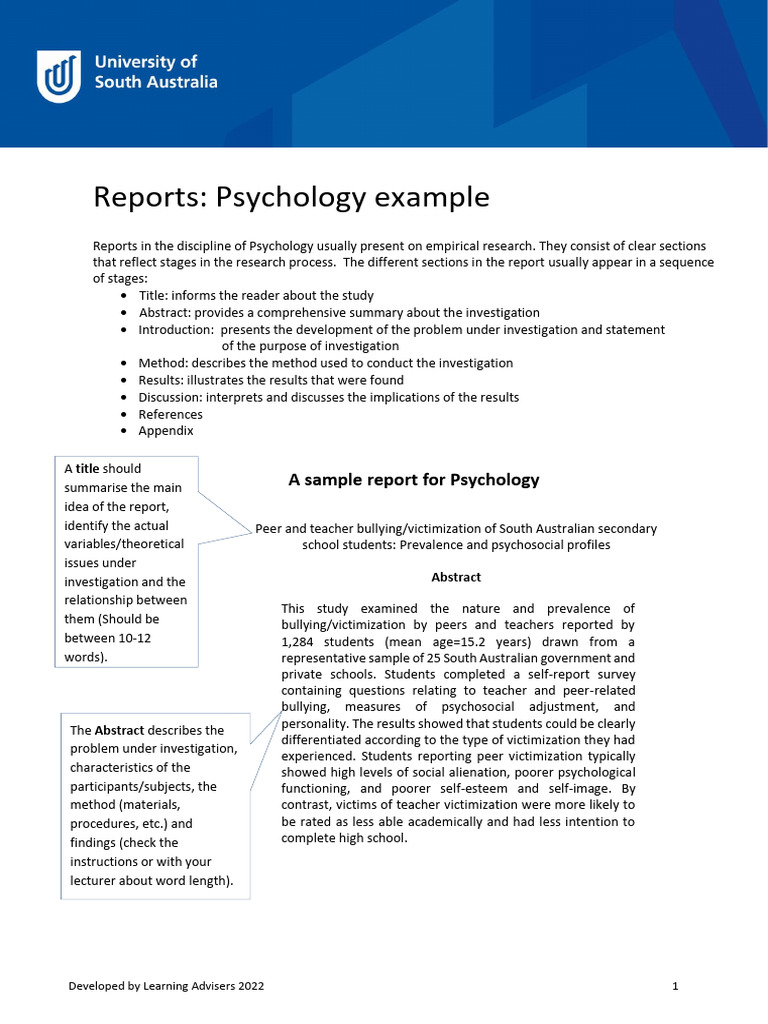 Reports - Psychology Example - 2022 1 | PDF | Bullying | Psychology