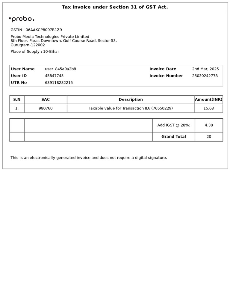 User Name Invoice Date User ID Invoice Number Utr No | PDF