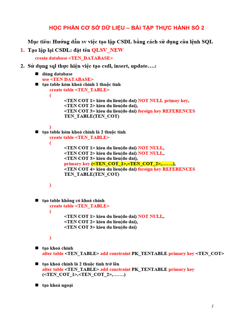 T_TH.02 - QLSV - tạo lập csdl - dùng SQL | PDF