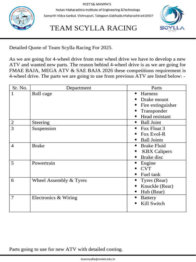 Scylla Racing 2025 ATV Cost Breakdown | PDF | Steering | Brake