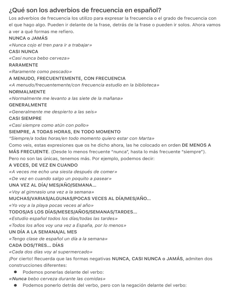 Adverbios de Frecuencia en Español | PDF